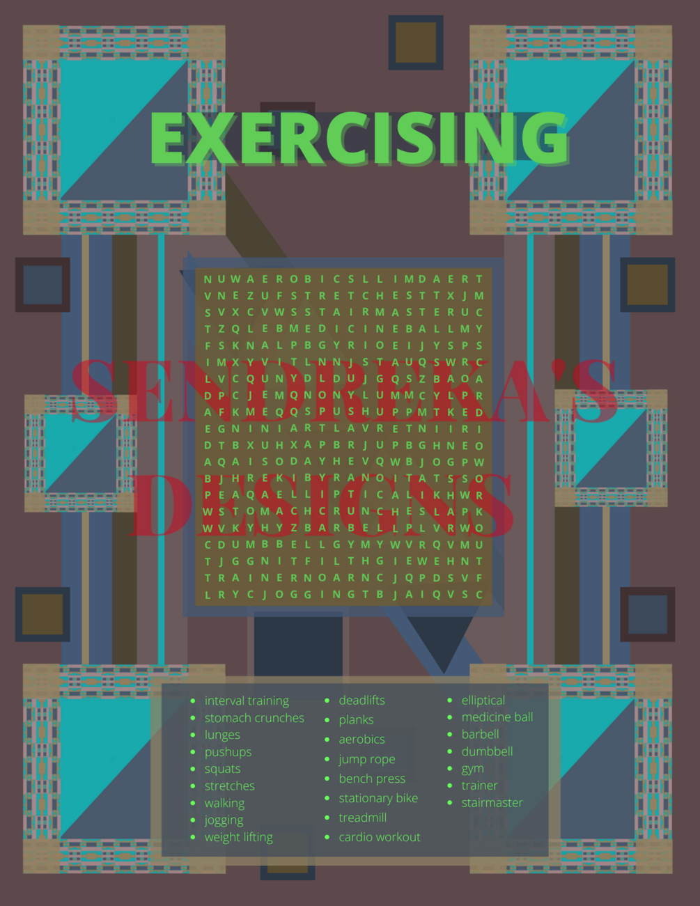 PDF Word Search Puzzle with Exercise Theme