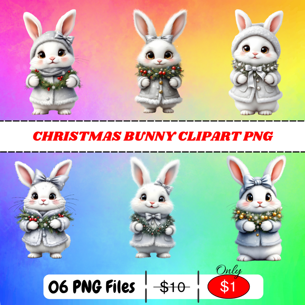 Christmas Bunny Clipart Bundle - 6 Christmas Rabbit PNG, Digital ...