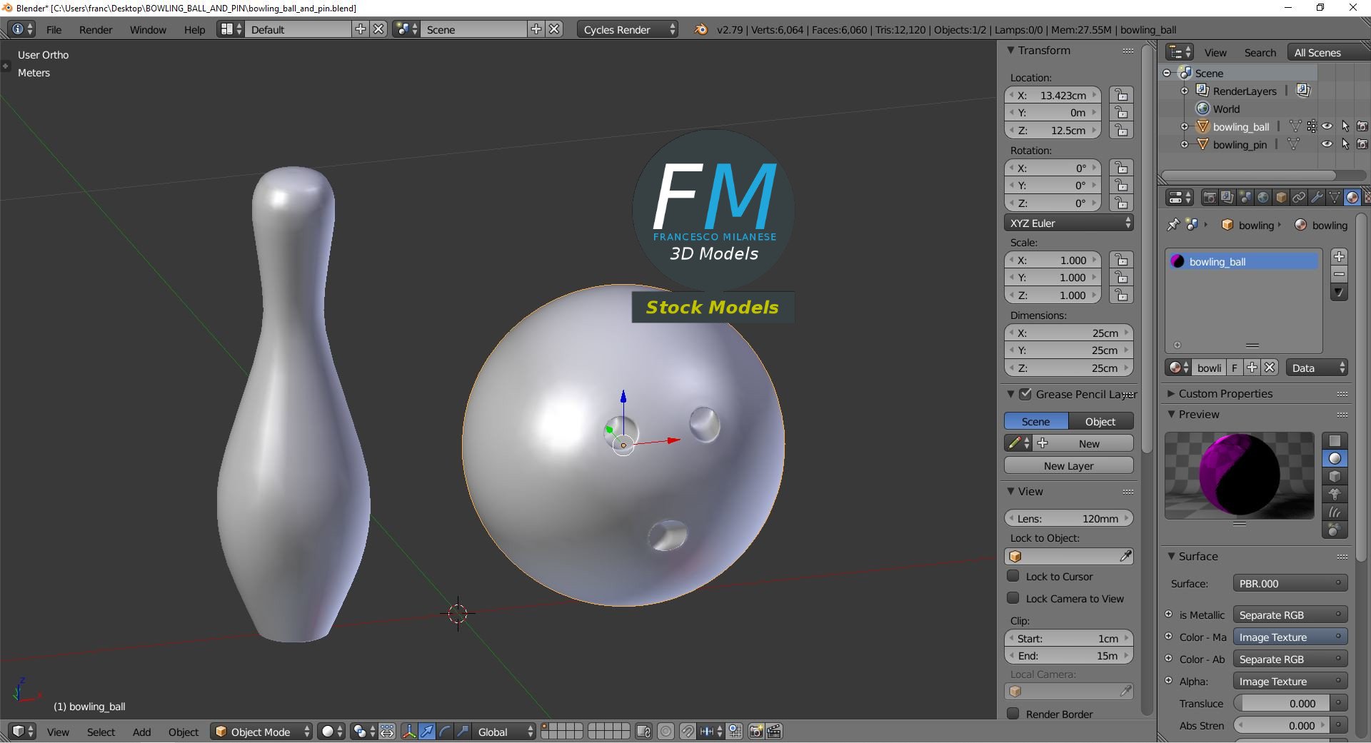 3D MODEL - Bowling ball and pin