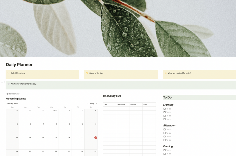 Notion Dailly planner template