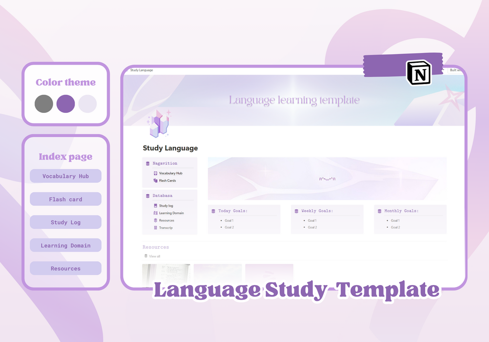 Language Study Notion Template - Pastel Purple Theme