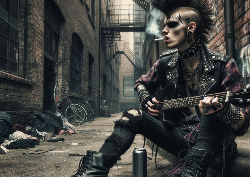 "Rebellious Punk Musician Rocking Out in a Gritty Urban Alleyway"