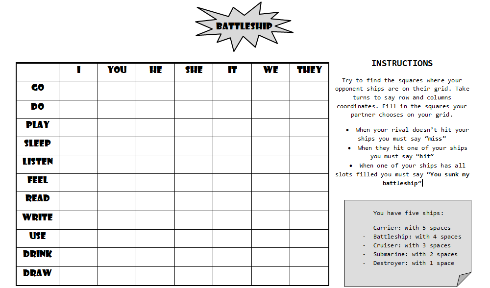 Battleship Grammar Practice Worksheet
