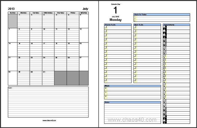 2013-07 - July FULL SIZE - 2013 Daily Planner Pages, Calendar, & Grid ...