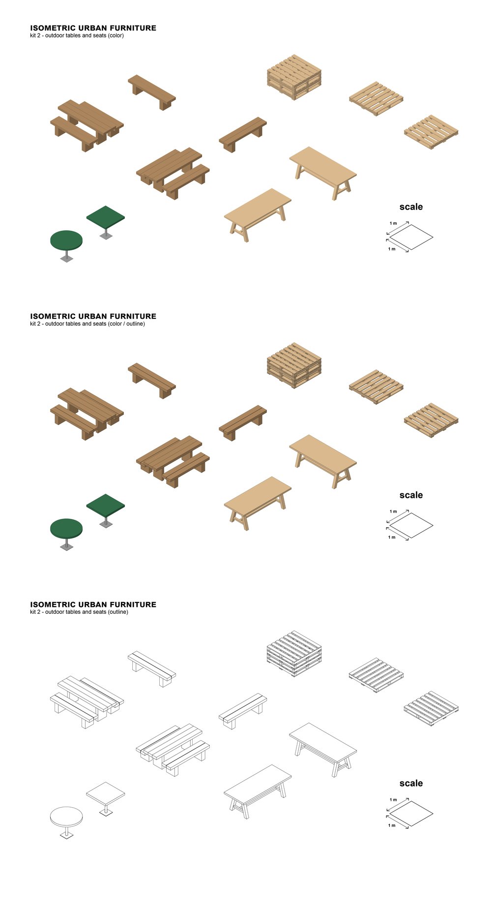 Isometric urban furniture kit 2 outdoor tables and seats (PSD)