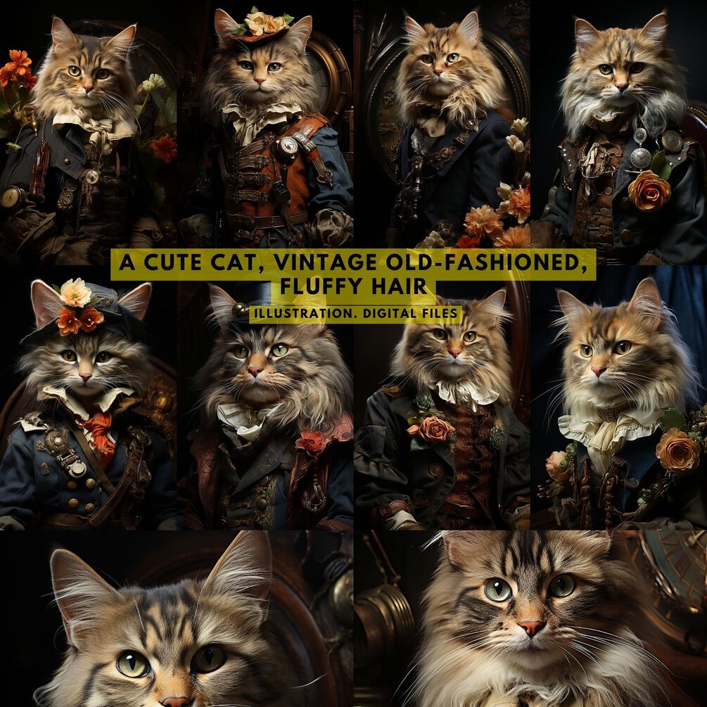 A Cute Cat Vintage Old-Fashioned Fluffy Hair. Digital Files. Instant ...