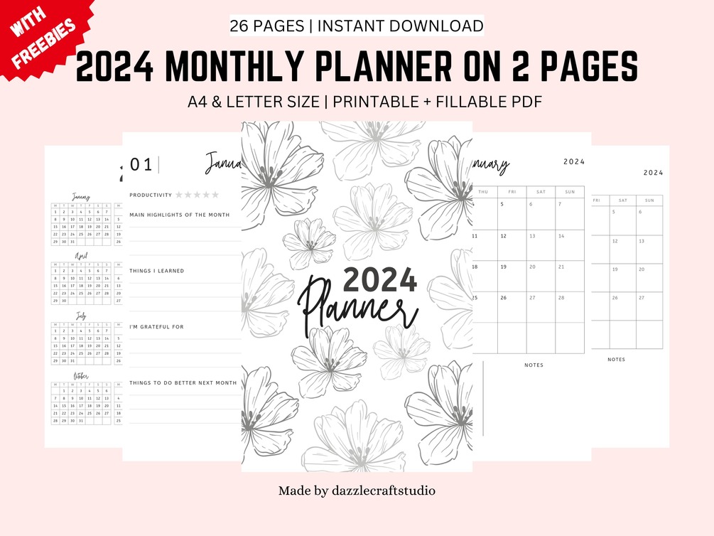 2024 Minimal Black and White Monthly Planner - Instant Download, A4 ...