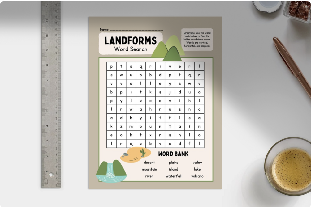 Landforms Word Search Puzzle - Natural Style Grey Green