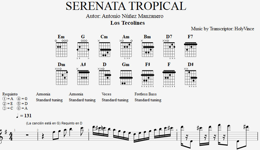 Tab de la instrumentación y requinto de la canción "Serenata Tropical"