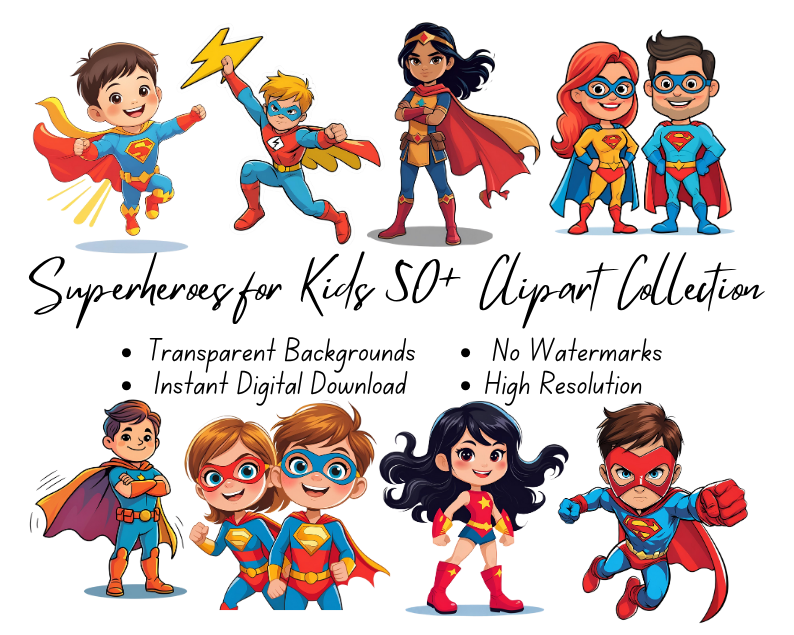 Superheroes for Kids 50+ Clipart Collection | High-Resolution Digital ...