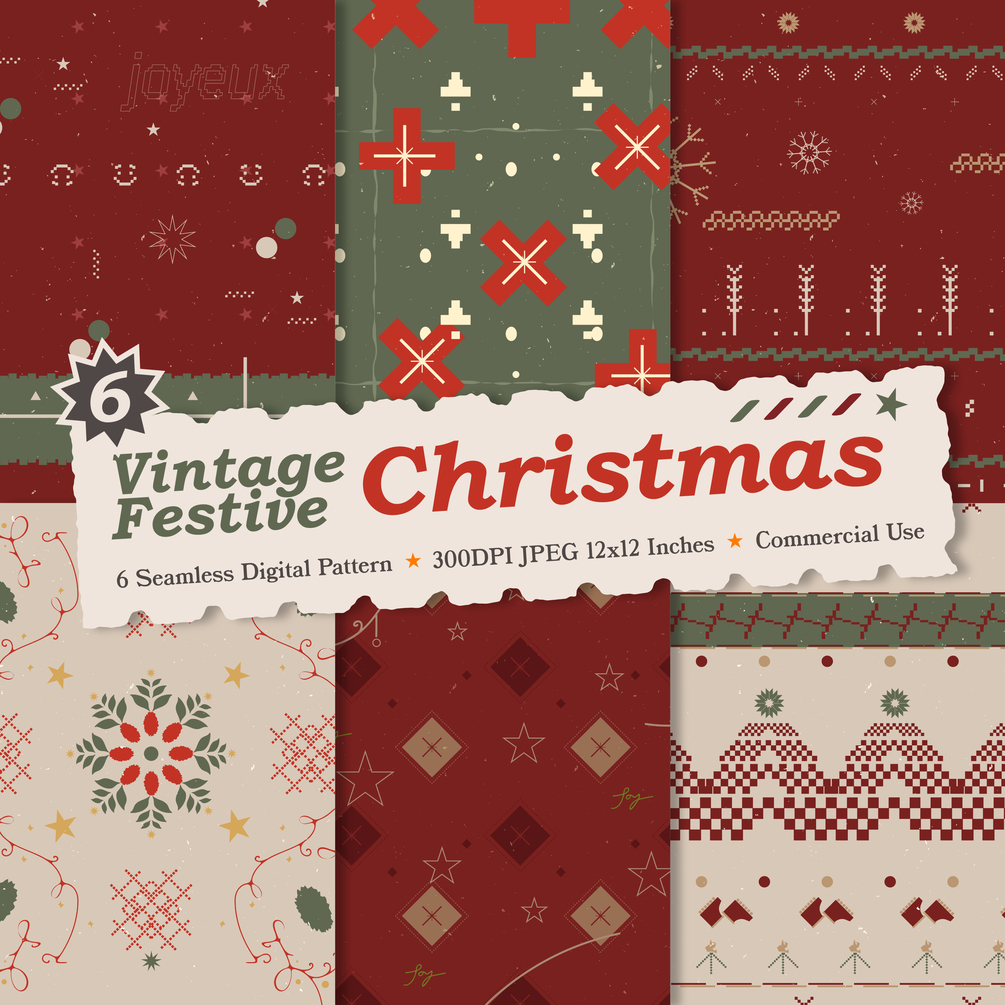 Vintage Festive Christmas Seamless Digital Paper Pattern Pack