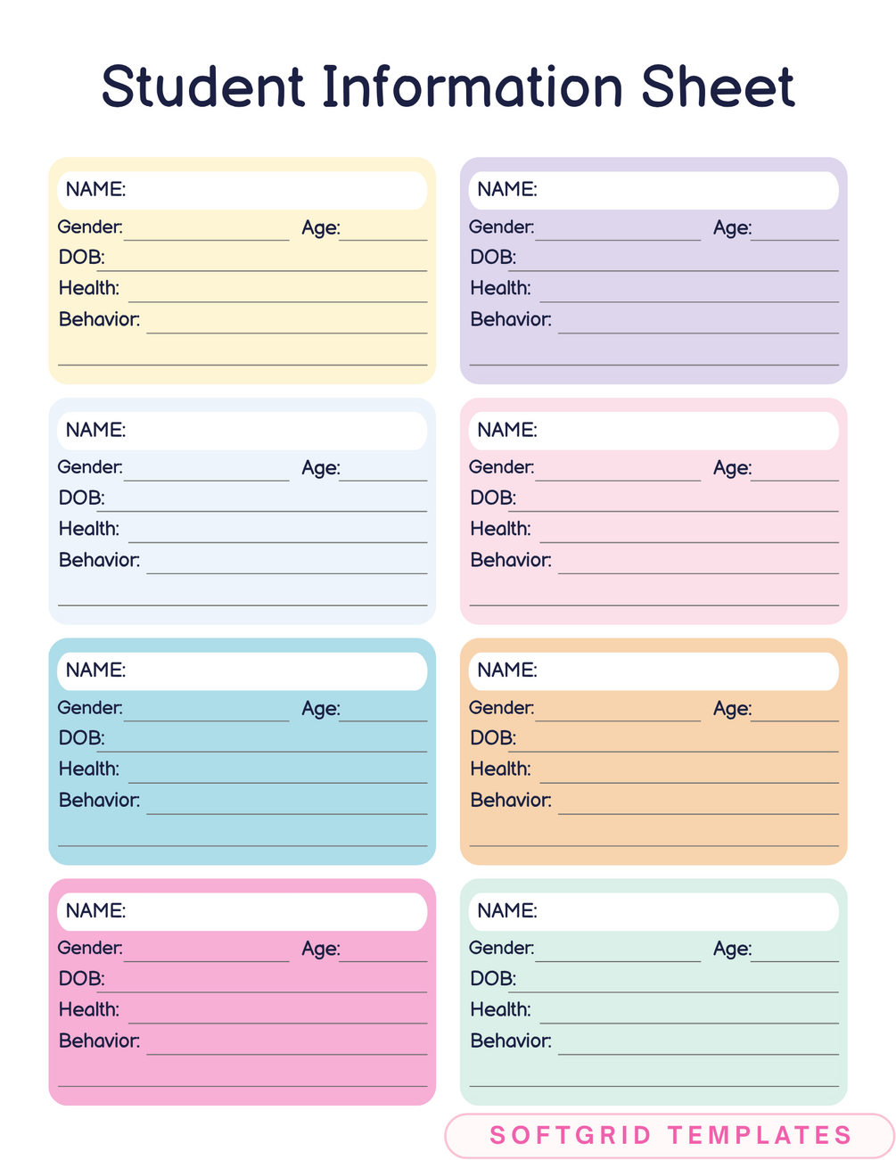 Simple Student Information Sheet