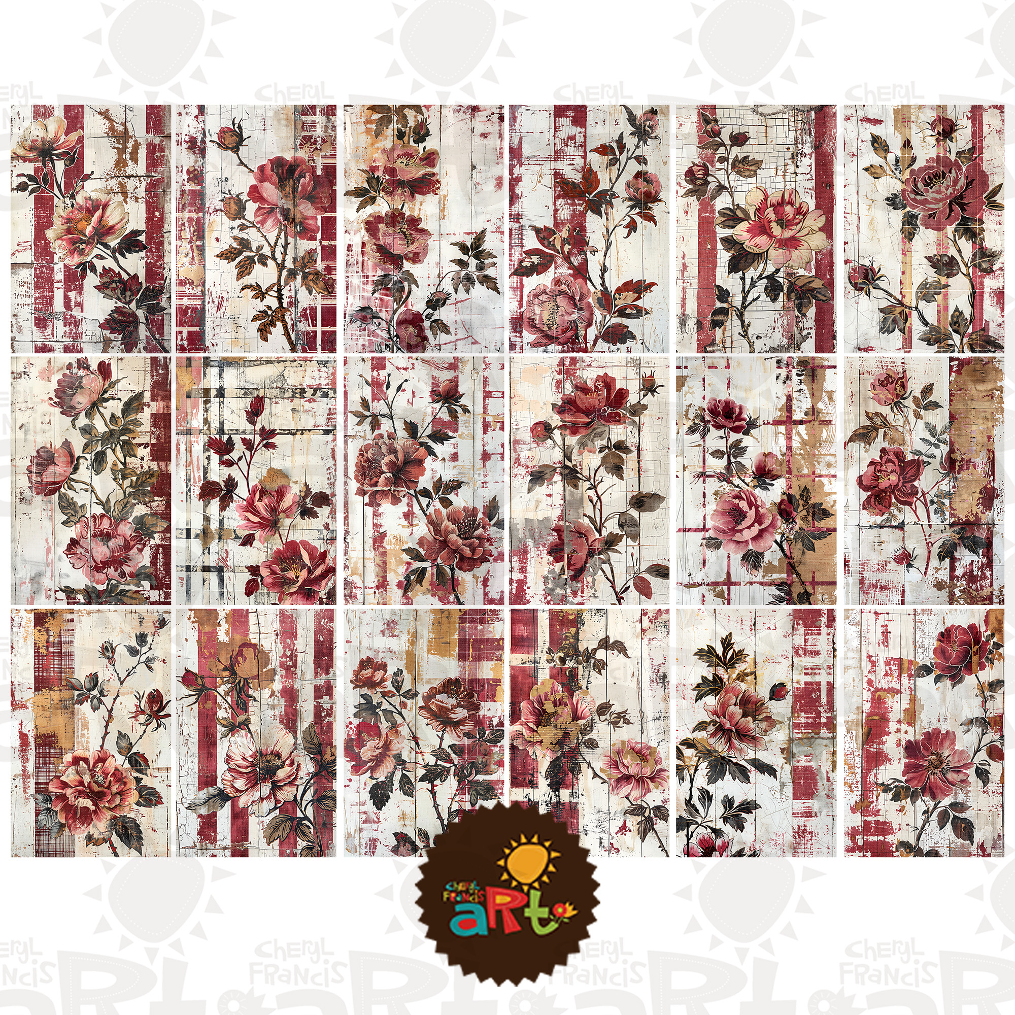 18 pc Shabby Rose Worn Stripe Printable Junk Journal Half Papers for ...
