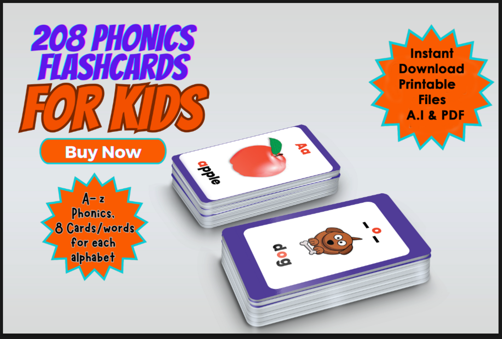 208 A - Z Printable Kids Phonics Flashcards. Teach Your Kids To Read!