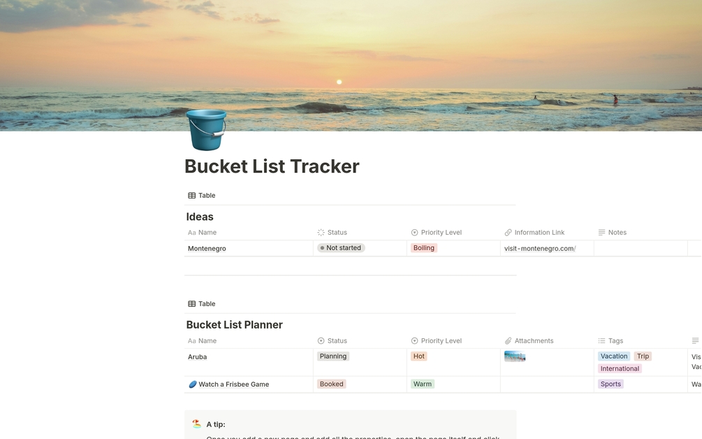 Bucket List Tracker - Notion