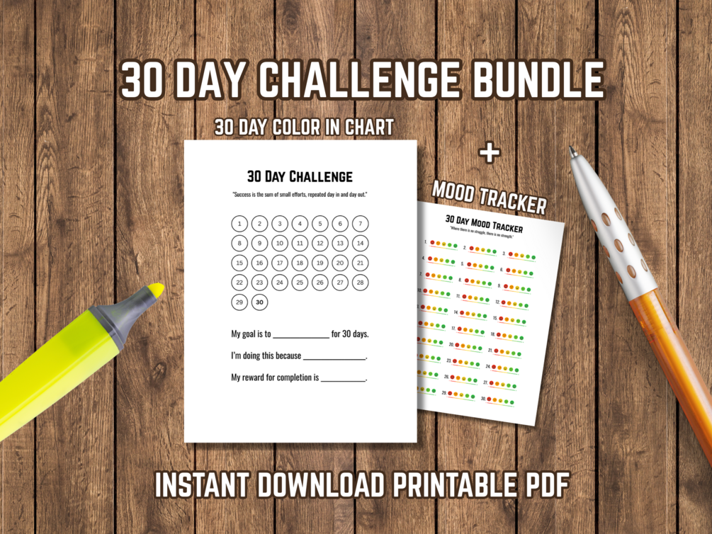 30 Day Challenge Printable Bundle PDF | Mood Tracker & Goal Chart ...
