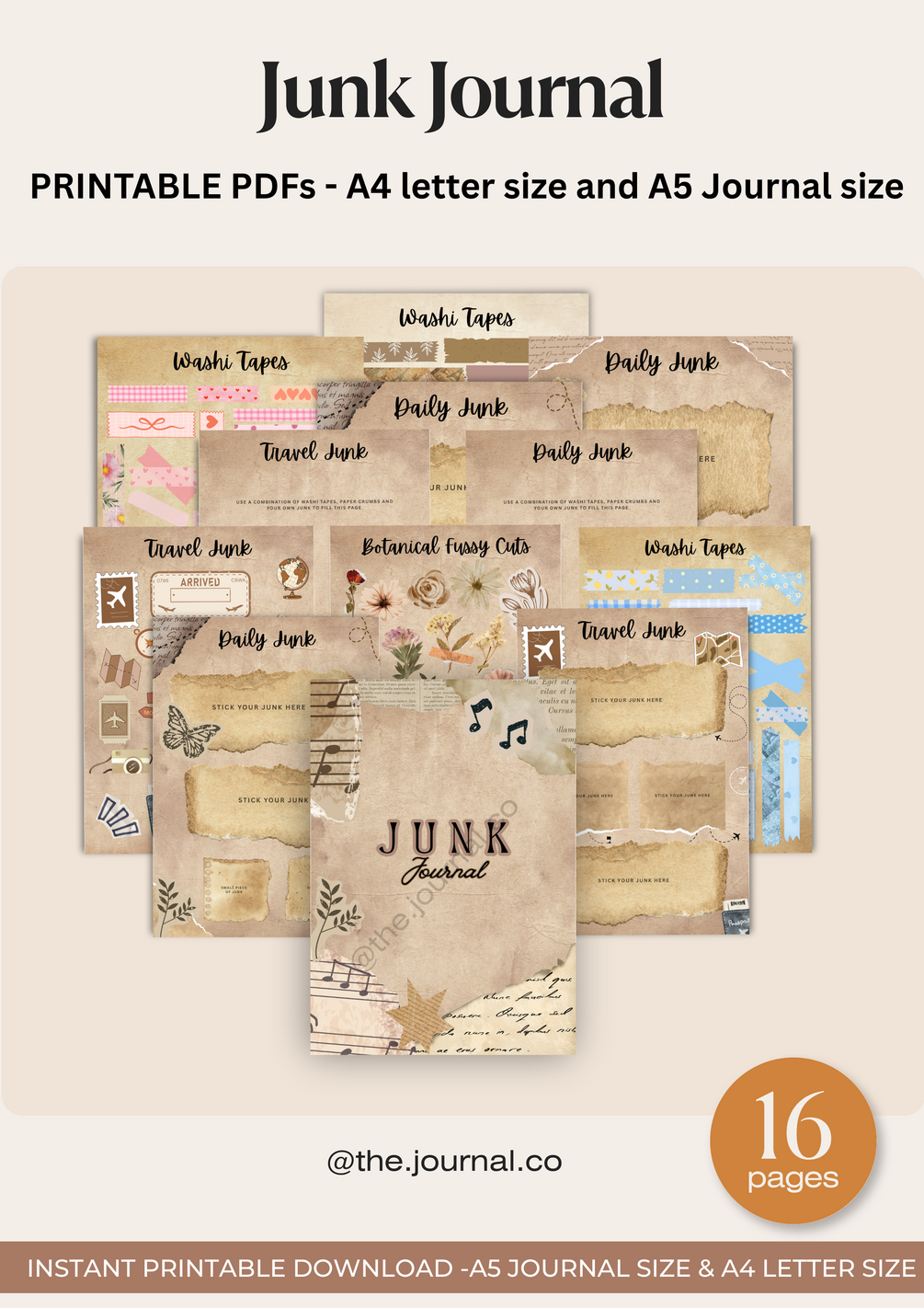 Junk Journal - A4 Letter size & A5 Journal size Printable Pages