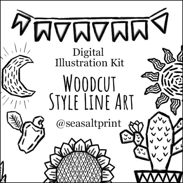 Digital Illustration Kit – Woodcut Style Line Art