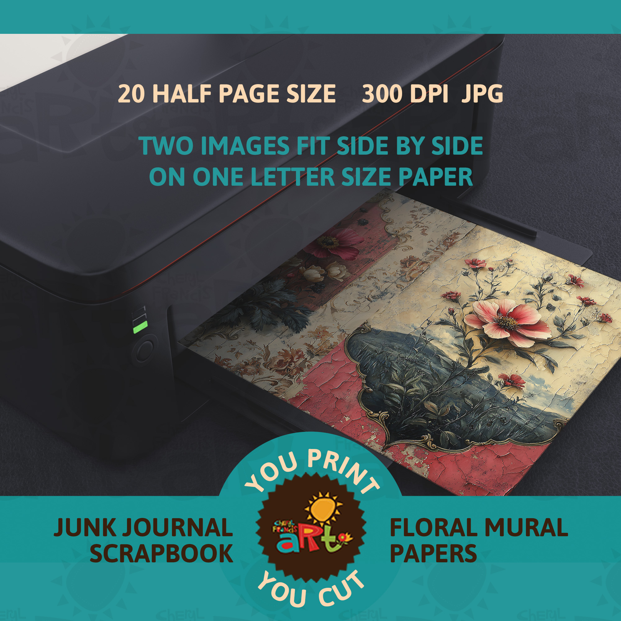 20 pc Landscape Mural with Decorative Floral Centerpiece Printable Junk ...