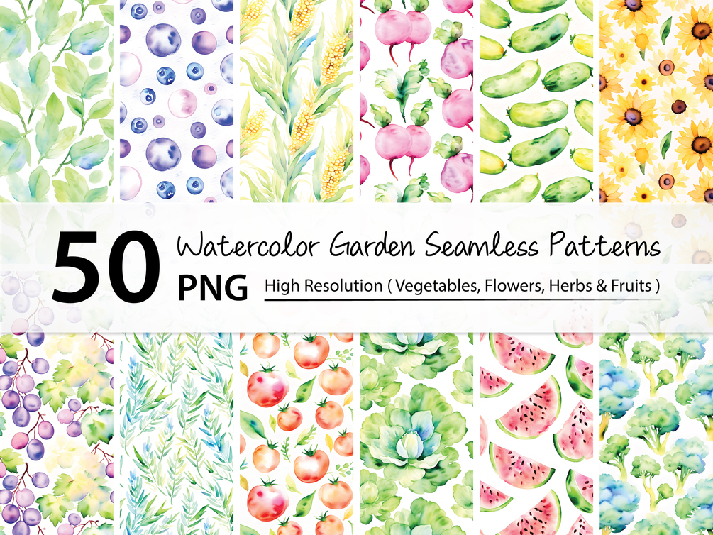 50 Watercolor Garden Seamless Patterns | Vegetable, Flower, Herb ...