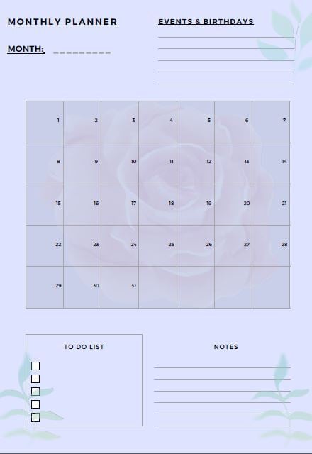 Monthly Planner. PDF file format easy to print and use.