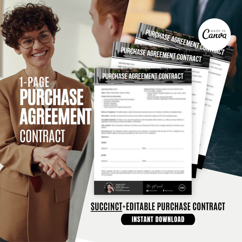 1-Page Editable Purchase Agreement Contract | Purchase agreement form ...