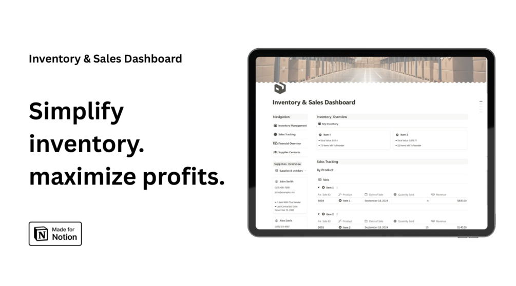 Inventory & Sales Dashboard Notion Template