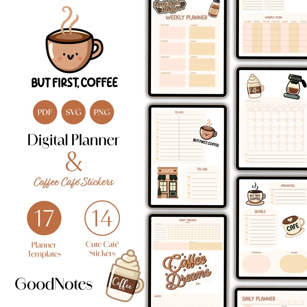Digital Planner & Coffee Café Stickers - 17 Planner Templates | 14 Cute ...