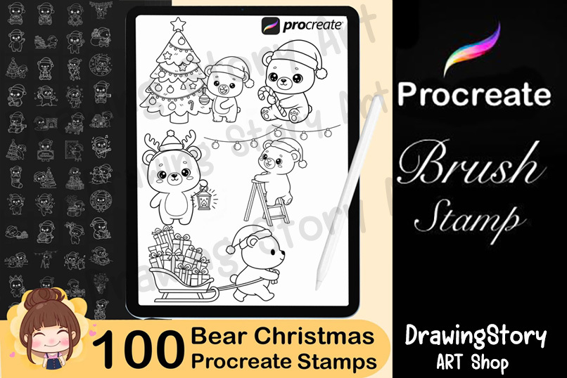 100 Christmas Bear Doodle Stamps | Procreate Bear Brush Set | Kawaii ...