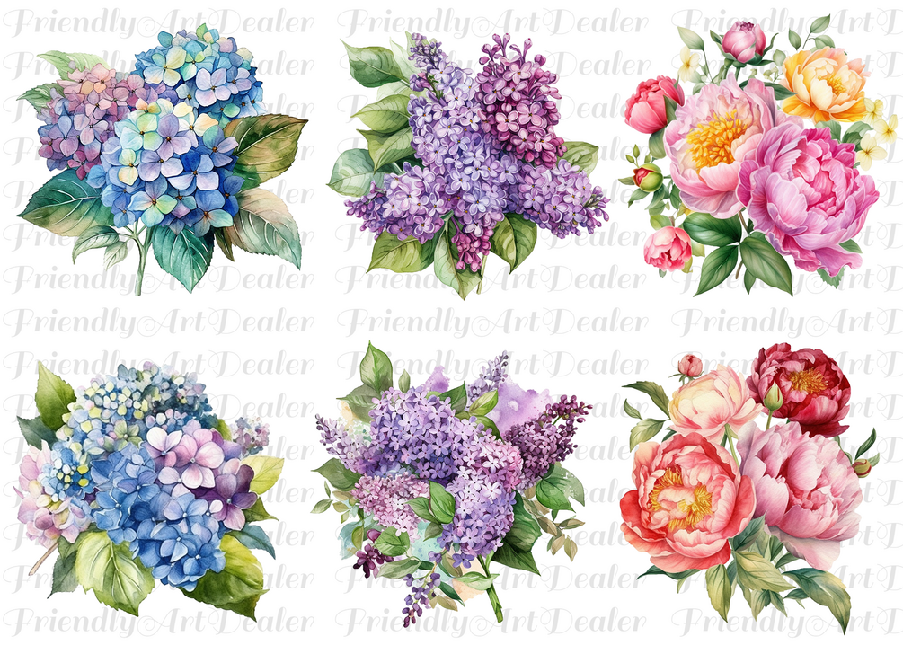 Watercolor Spring Flower Bouquets Clipart - 12 vibrant watercolor ...