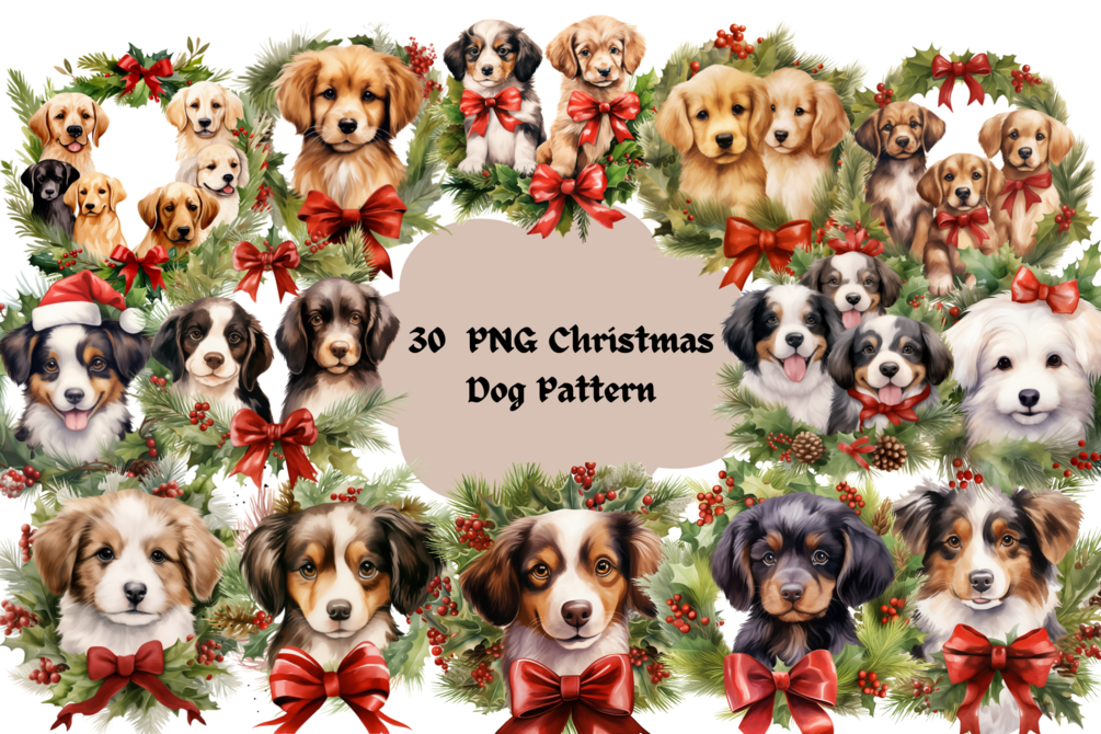 Christmas Dog Wreath Sublimation Clipart