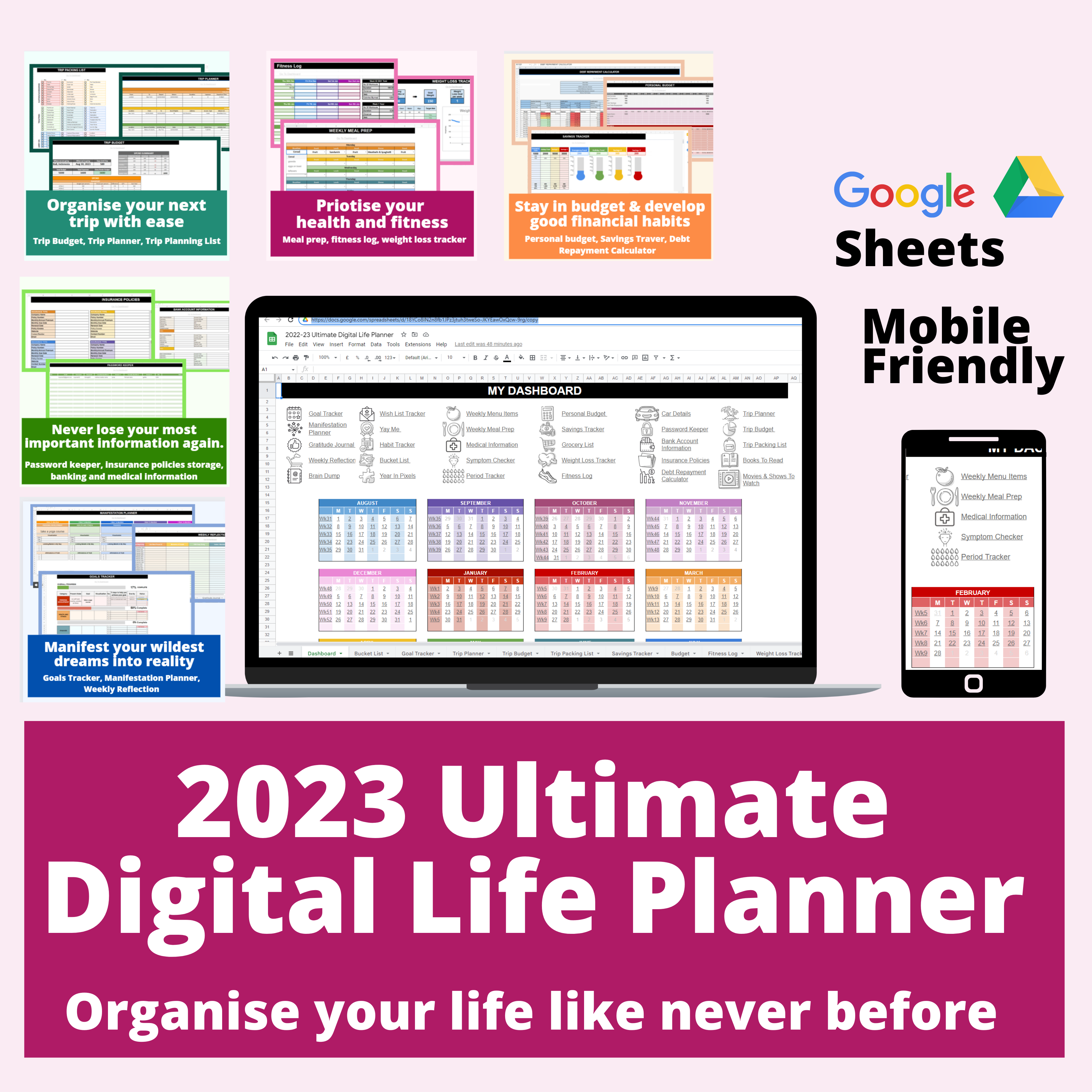 2023 Google Sheets Digital Life Planner Spreadsheet, adhd digital ...