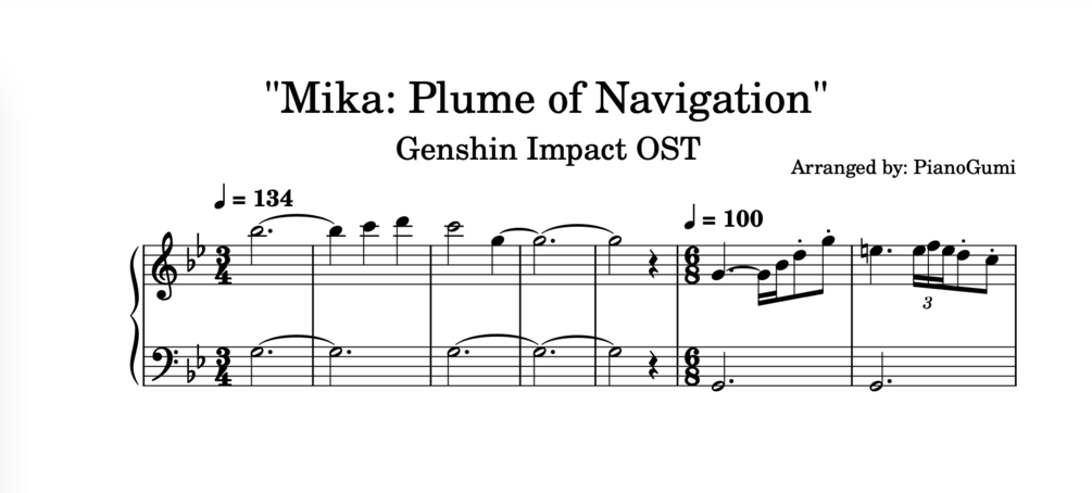 Genshin Impact OST - "Mika: Plume of Navigation" - EASY Piano Sheet Music
