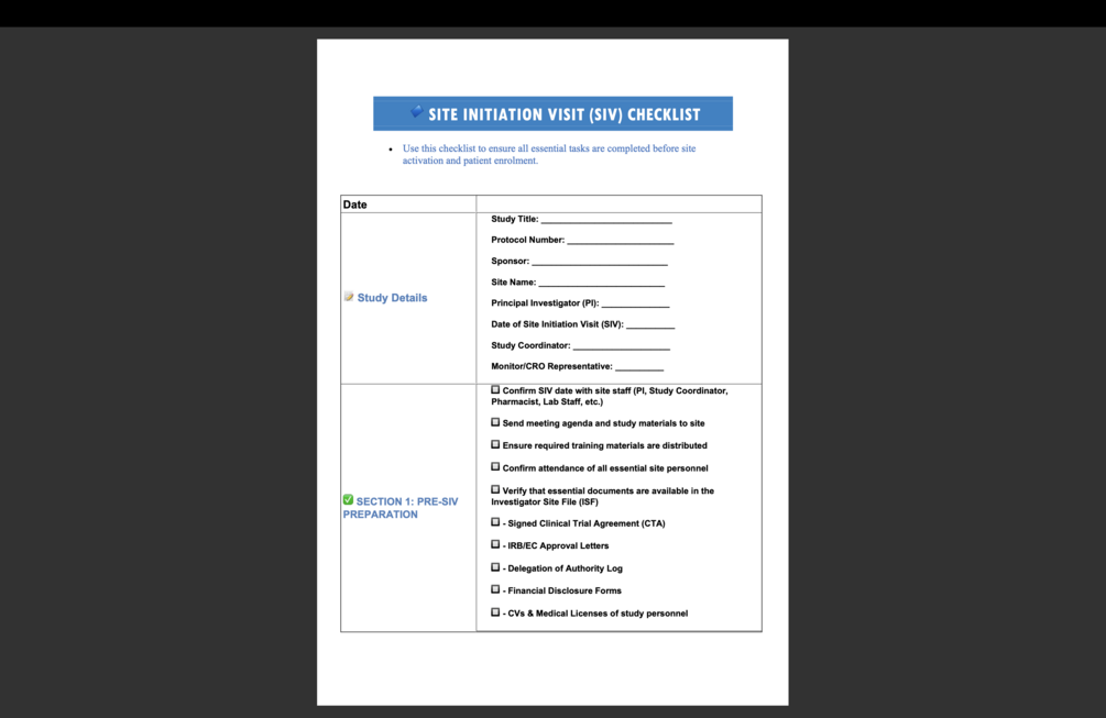 Site Initiation Visit (SIV) Checklist