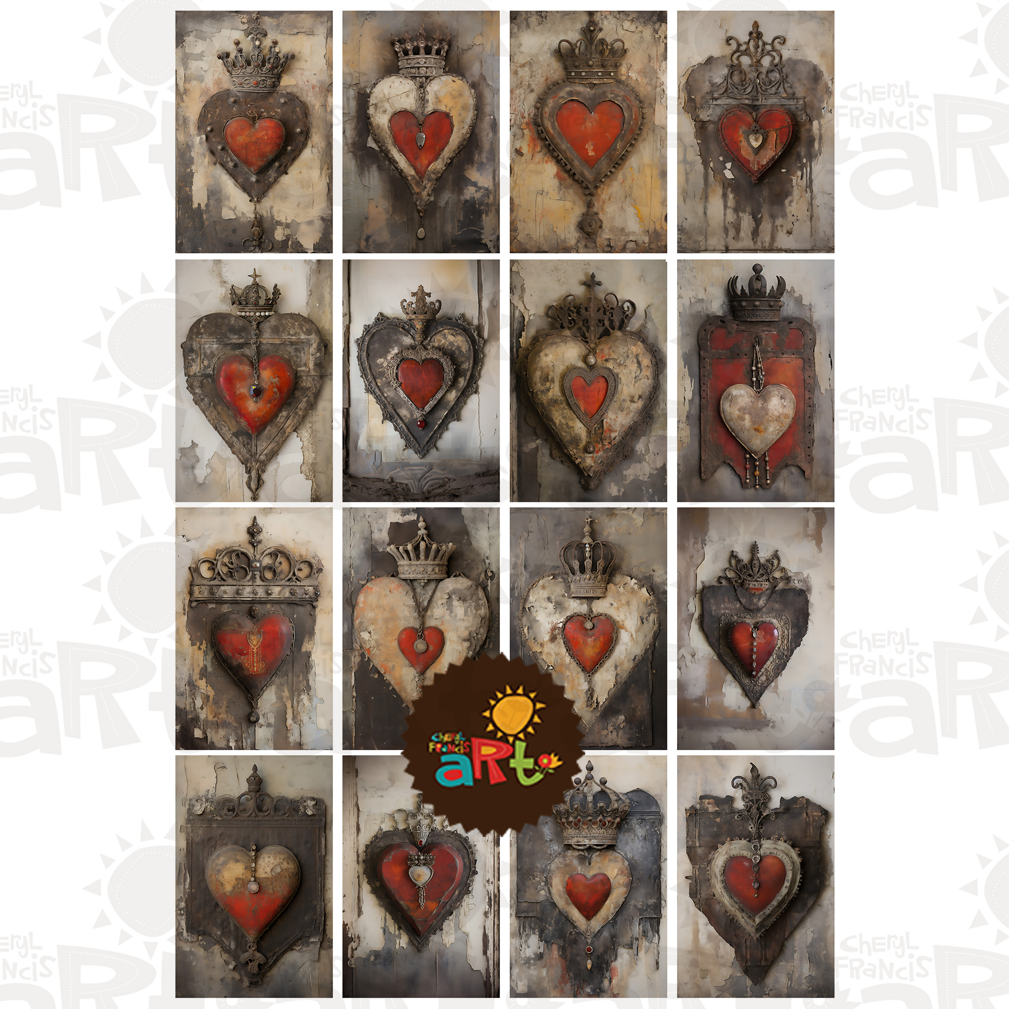 16 pc Crowned Heraldic Heart Crest Collage Printable Junk Journal Half ...