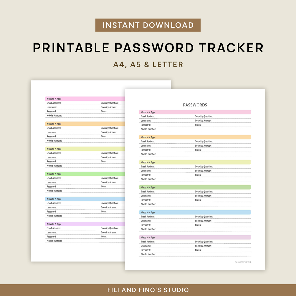 Printable Password Tracker | Pastel Colors | A4, A5 & Letter | Instant ...