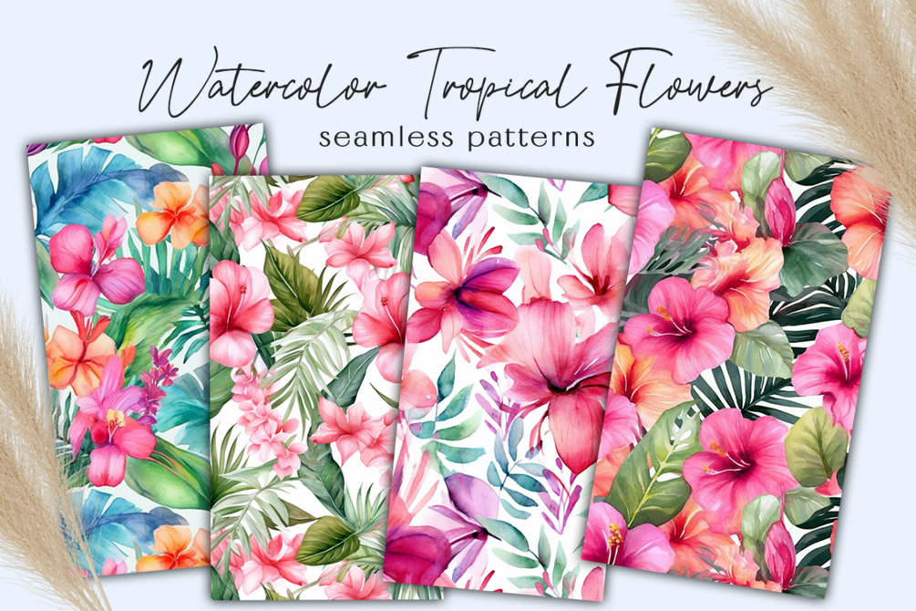 Tropical Leaves And Flowers Seamless Patterns