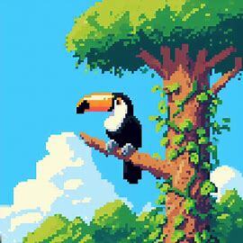 pixel art de un tucan en un arbol