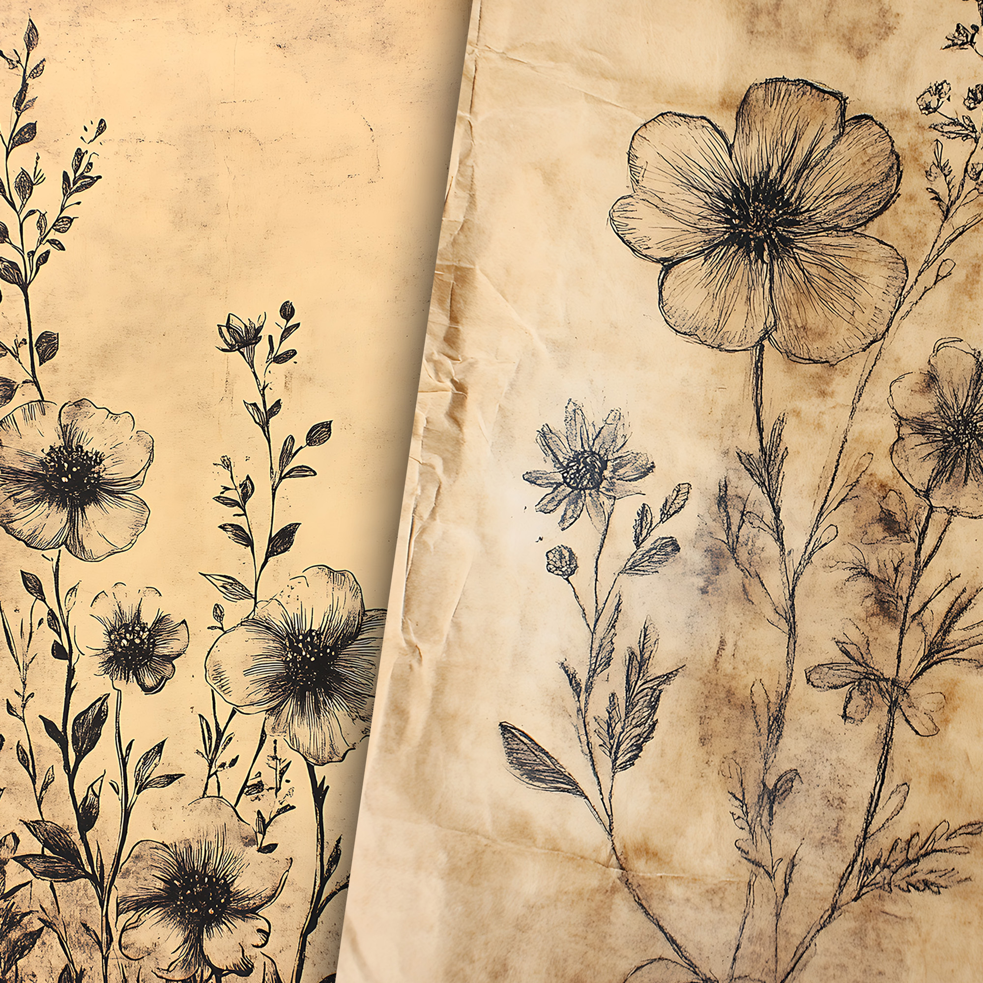 30 pc Illustrated Botanical Dark on Aged Beige Printable Junk Journal ...