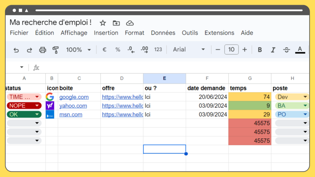 Recherche d'emploi google sheet