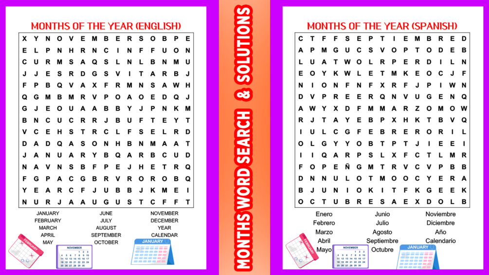Months of the year Word Search (4 Languages) with Solutions