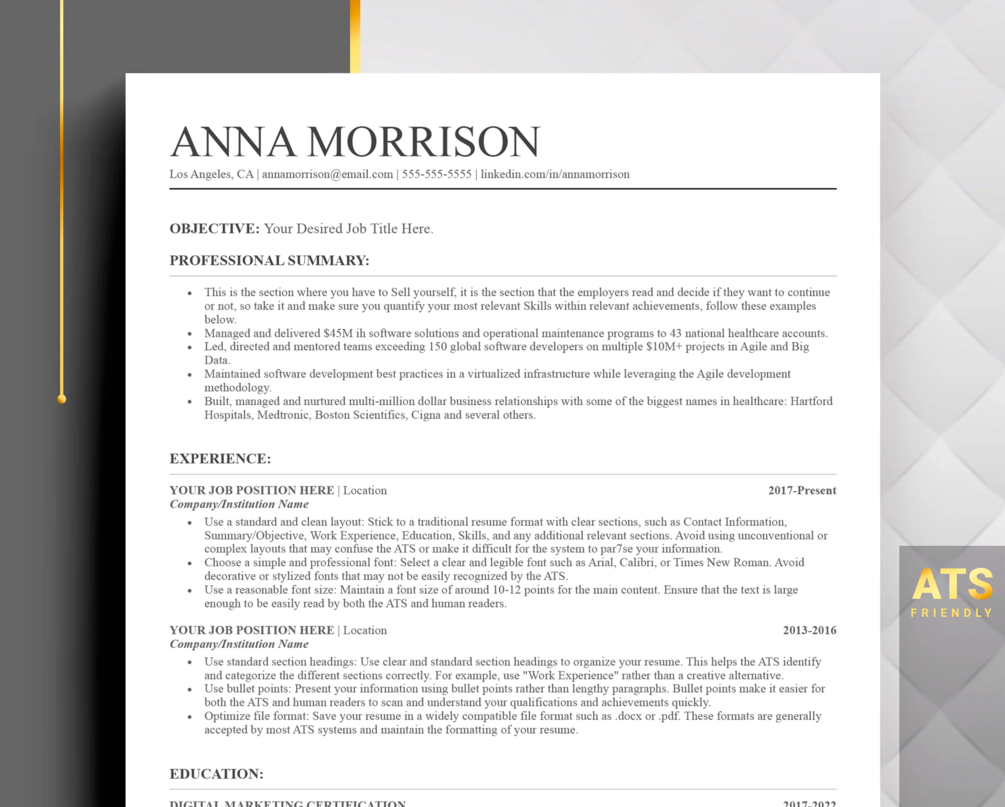 ATS Resume Template for Google Docs, Word & Pages | CV Template with 3 ...
