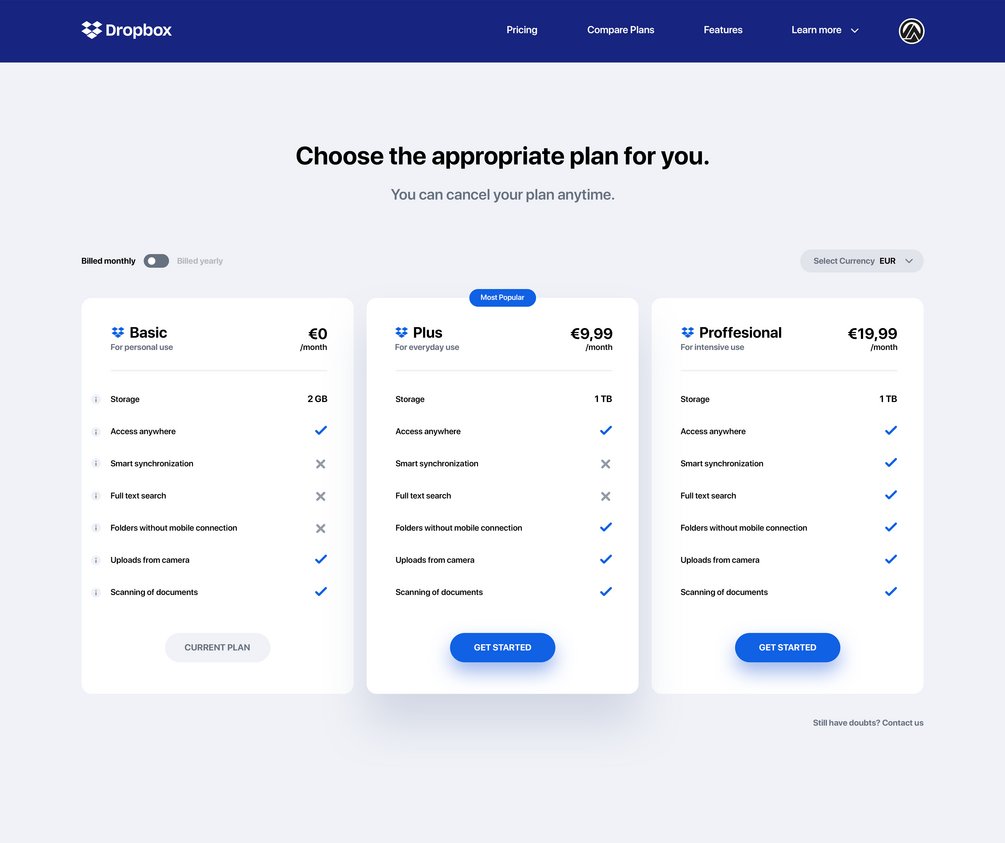 Redesign Pricing Page Dropbox