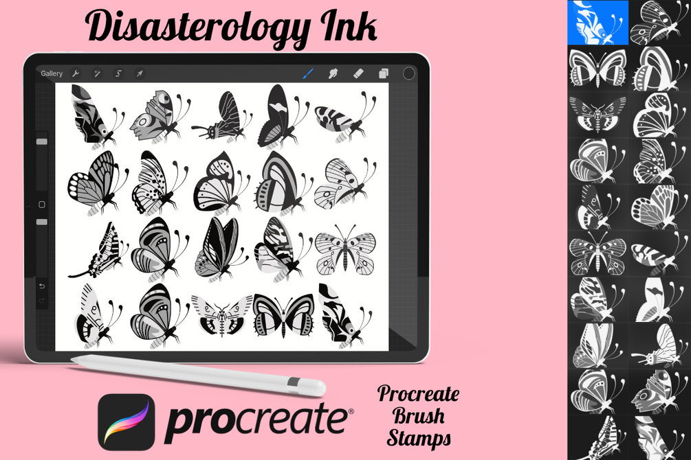Butterflies Outlines Set 4 Procreate Brush Stamps, 20 Butterfly Stamps