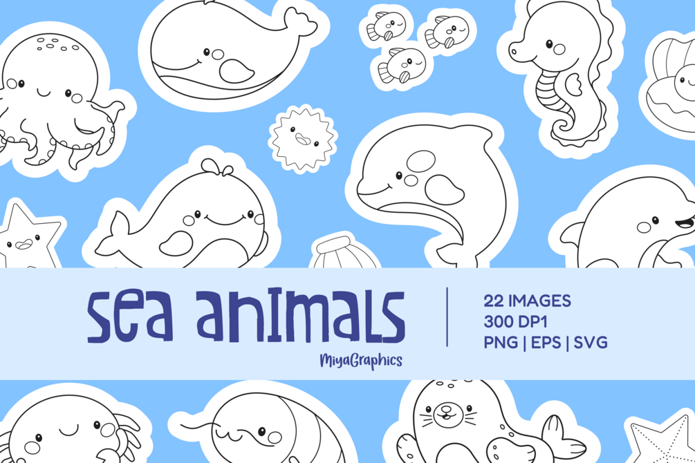 Kawaii Sea Animals Lineart | Clipart Set | Coloring | 22 Images | PNG ...