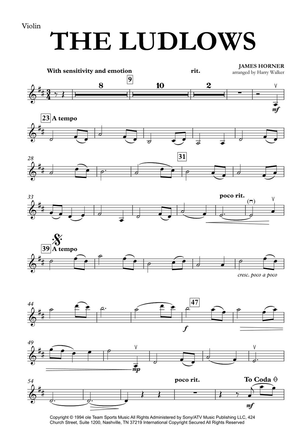 The Ludlows – James Horner | Sheet Music for Violin & Piano
