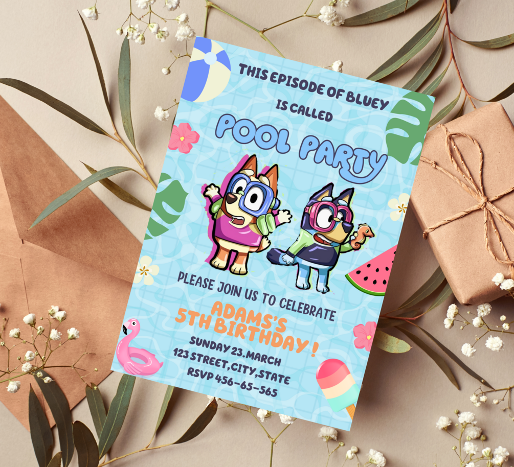 Bluey Pool Birthday Invitation | Fun & Playful Customizable Kids Party ...