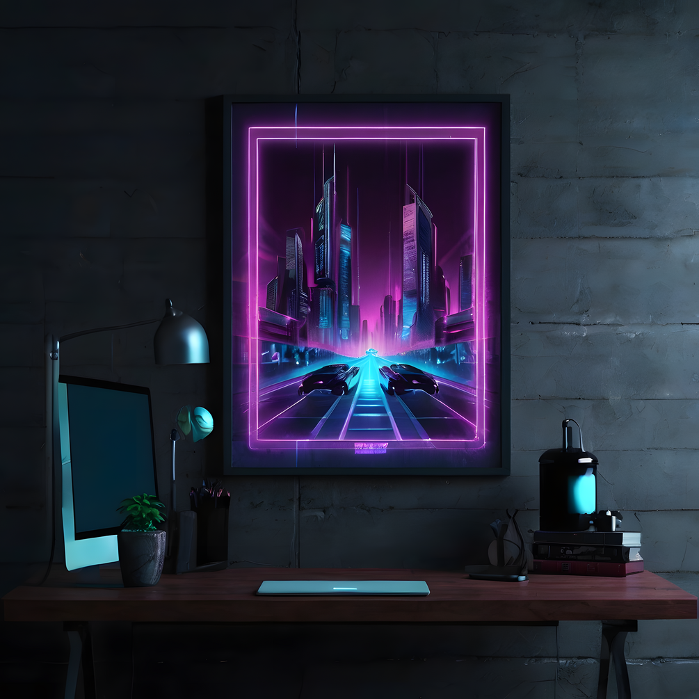 Cyberpunk Poster Mockup – Neon Futuristic Room Scene
