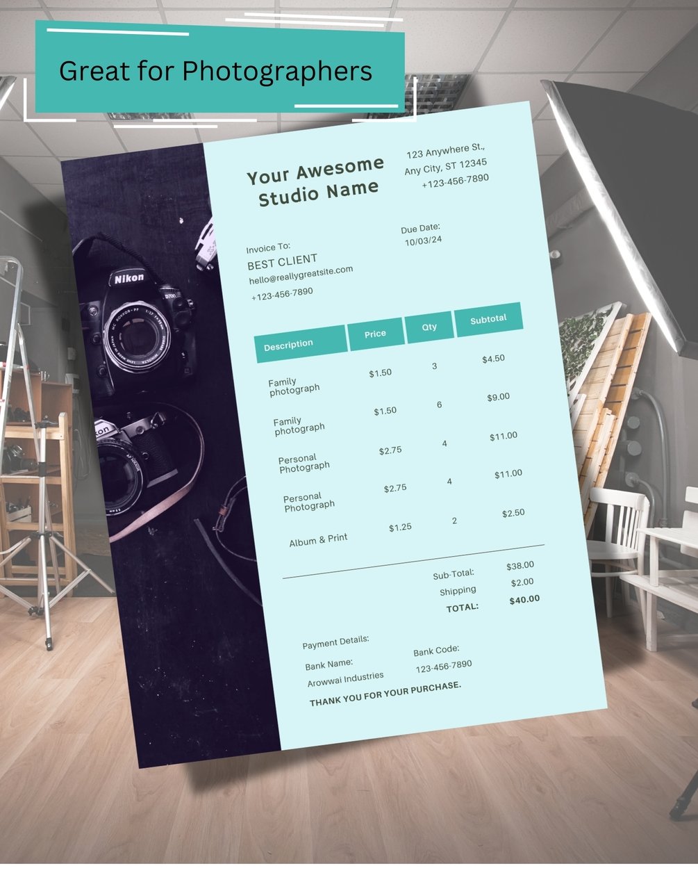 Editable Photography Studio Invoice Digital Download