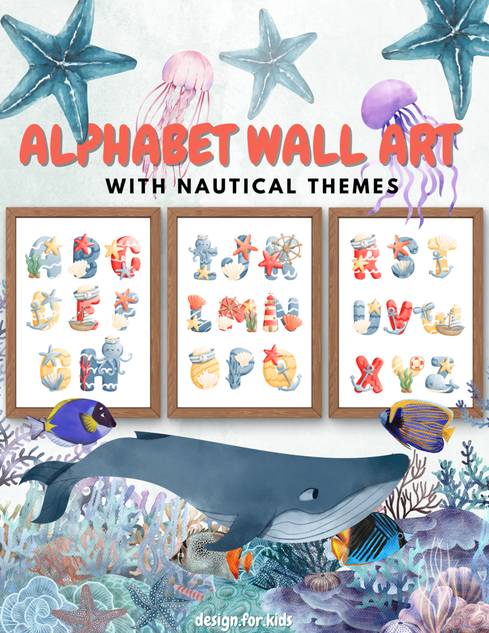 3 Alphabet Wall Art with Nautical Themes for Kids
